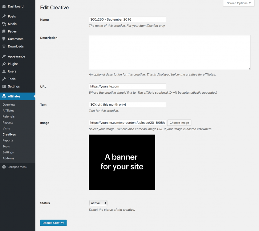 WordPress affiliate plugin admin panel – Oz Robotics