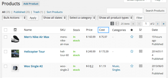 Costs in Product Table Display Plugin for WooCommerce – Oz Robotics