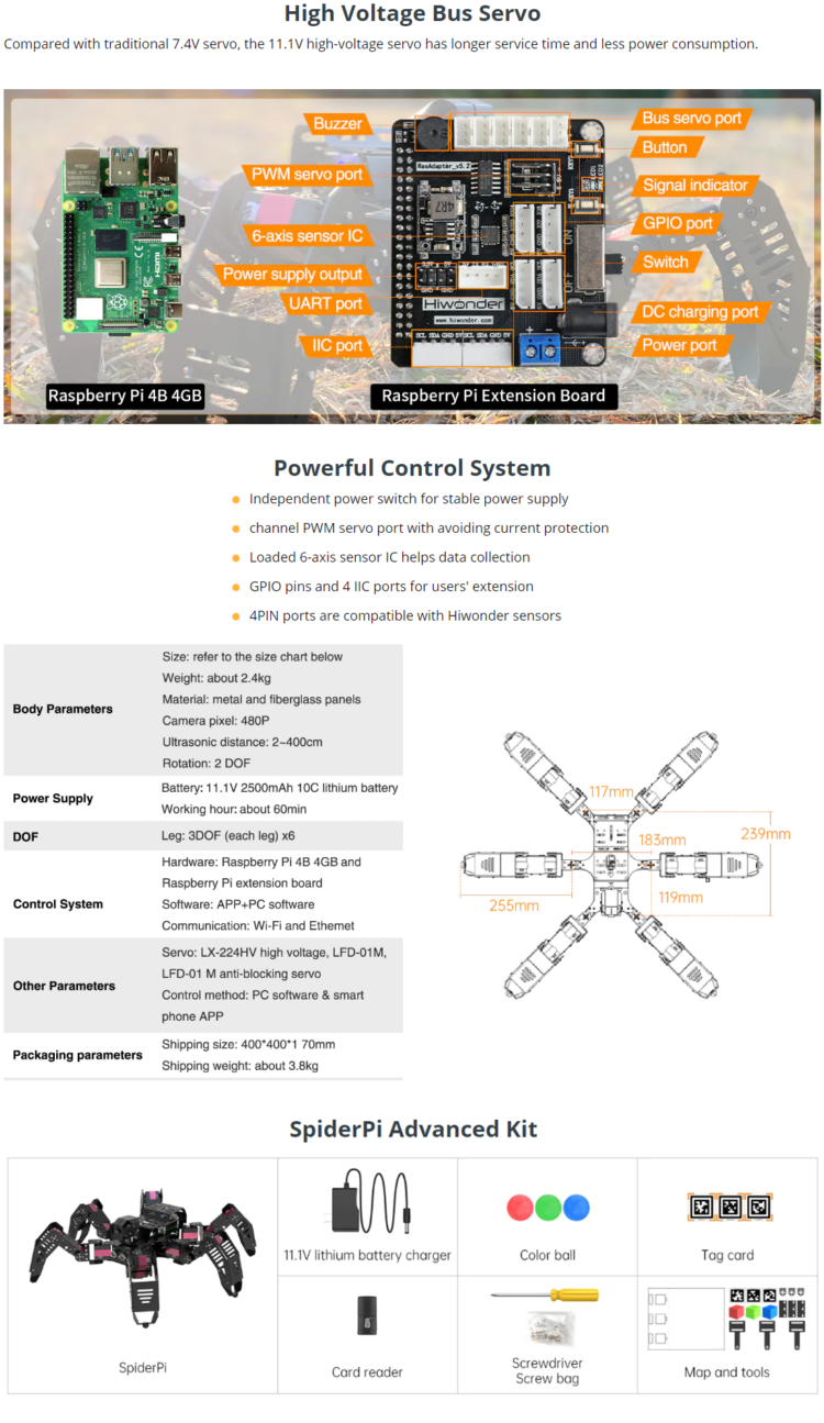 Hiwonder SpiderPi Raspberry Pi AI Intelligent Vision Hexapod Robot for Education Program – Oz ...
