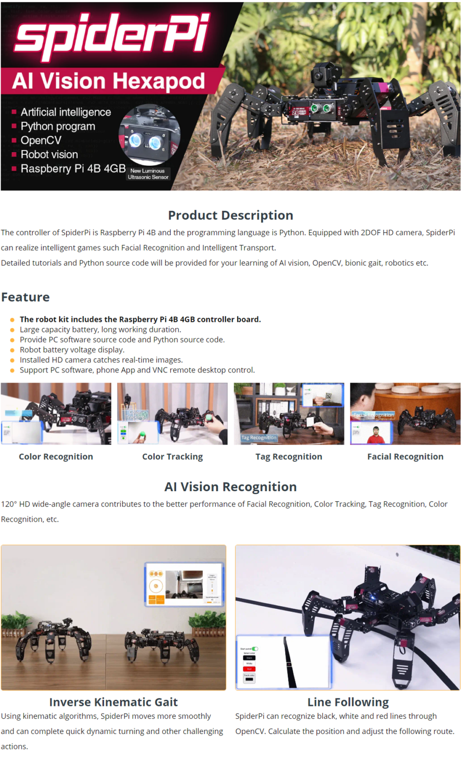 Hiwonder SpiderPi Raspberry Pi AI Intelligent Vision Hexapod Robot for ...