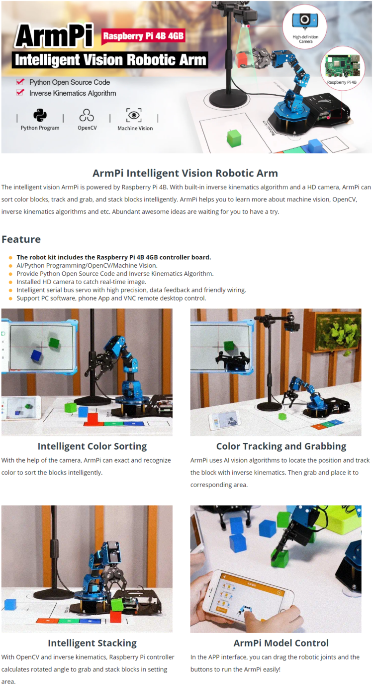 Hiwonder ArmPi Raspberry Pi 4B AI Vision Robotic Arm Python Program ...