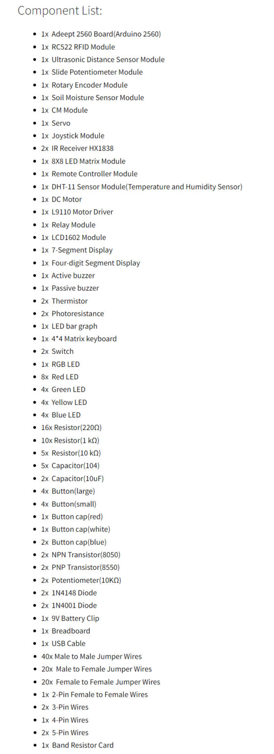 Component List for Adeept RFID Starter Kit for Arduino MEGA 2560 with Ardublock Book Processing ...