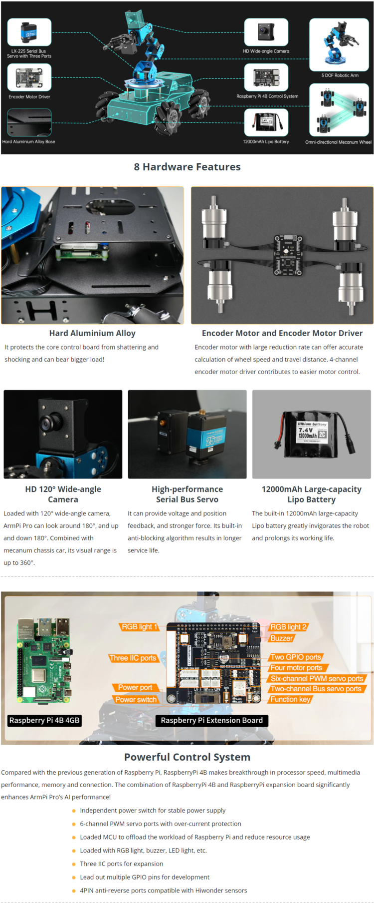 Hiwonder ArmPi Pro Raspberry Pi ROS Robotic Arm Developer Kit with Mecanum Wheel Chassis Robot ...