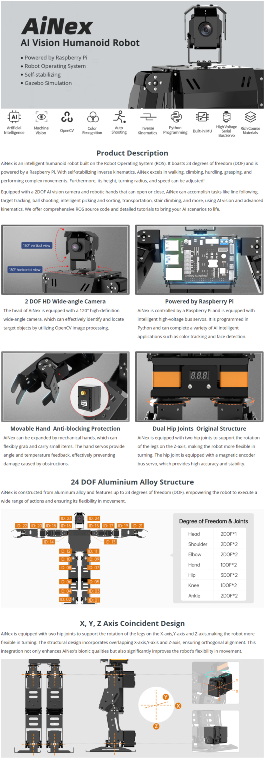 AiNex ROS Education AI Vision Humanoid Robot Learning Teaching Kit Powered by Raspberry Pi 4B ...