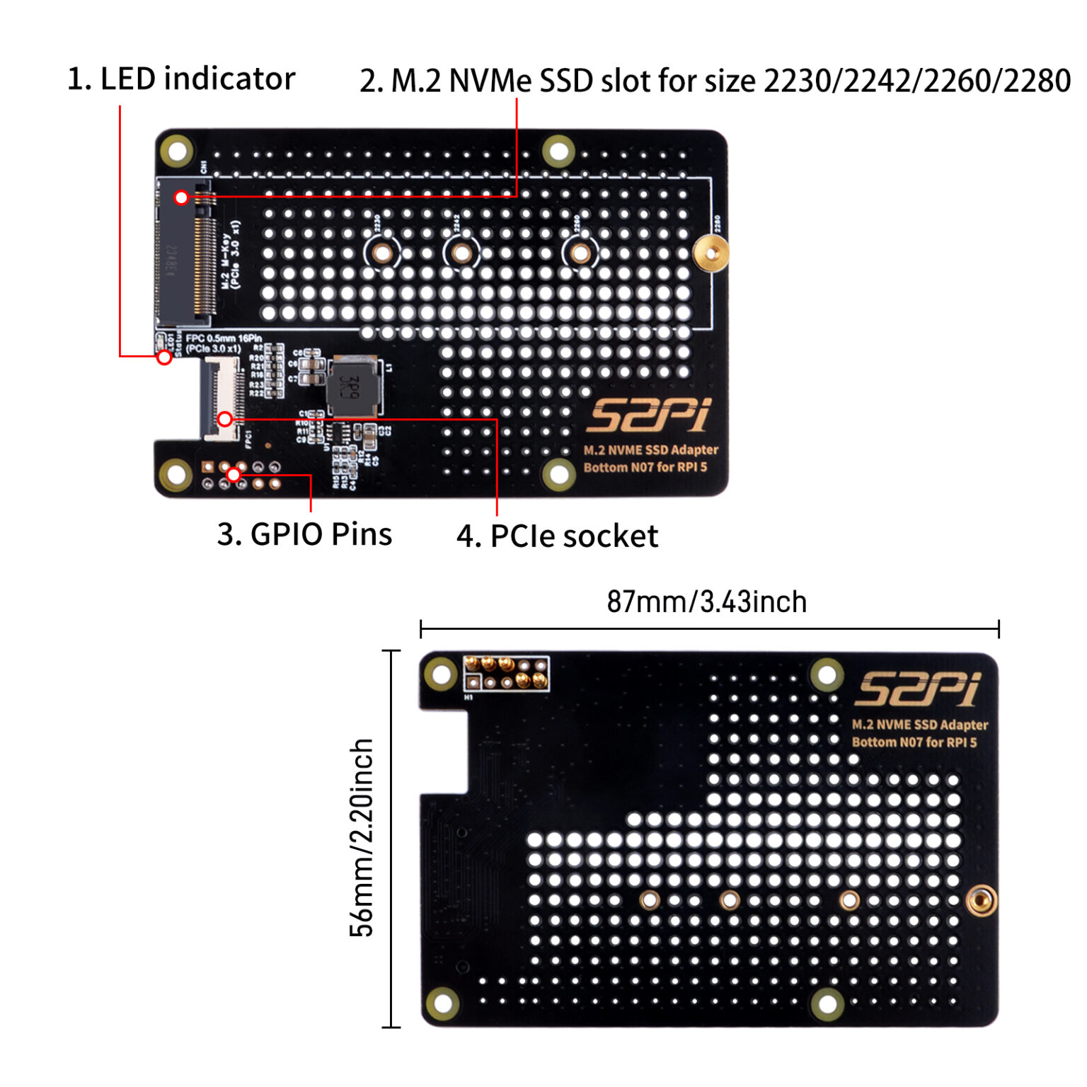 52Pi N07 M.2 2280 PCIe to NVMe Bottom Extension Adapter Board for ...