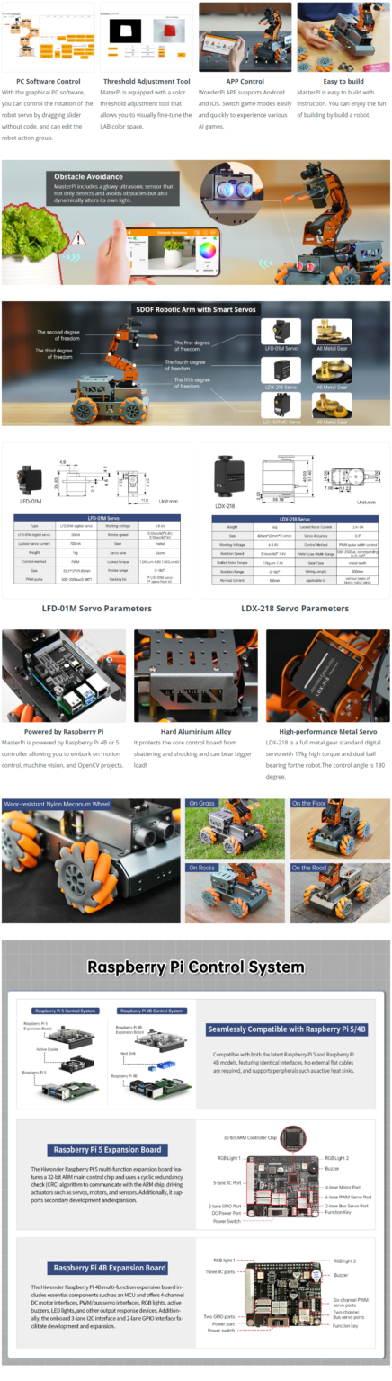 MasterPi Hiwonder AI Vision Robot Arm with Mecanum Wheels Car (with ...