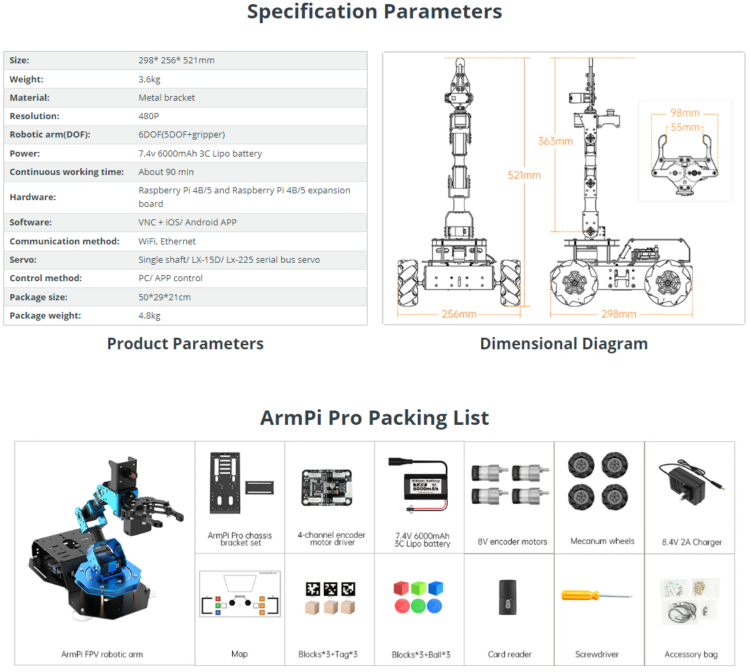 Hiwonder ArmPi Pro ROS Robotic Arm with 4WD Mecanum Wheel Chassis (with Raspberry Pi 4B 4GB ...