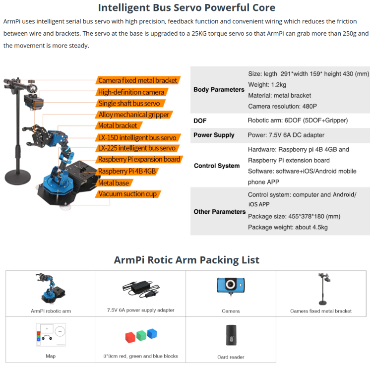 Hiwonder ArmPi Raspberry Pi 4B AI Vision Robotic Arm Python Program ...