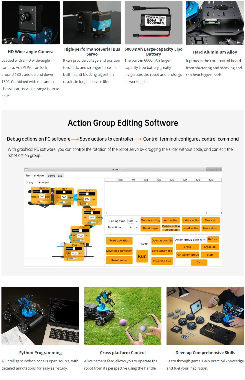 Hiwonder ArmPi Pro ROS Robotic Arm with 4WD Mecanum Wheel Chassis (with ...
