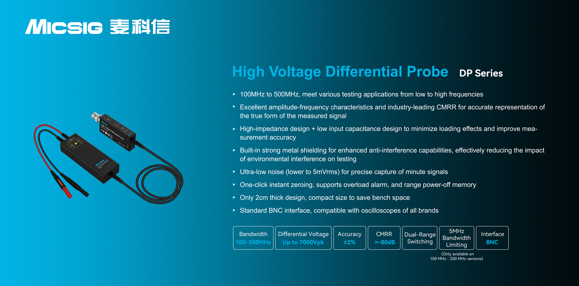 Micsig High Voltage Differential Probe DP Series 1500V, 100MHz, DP1500 ...