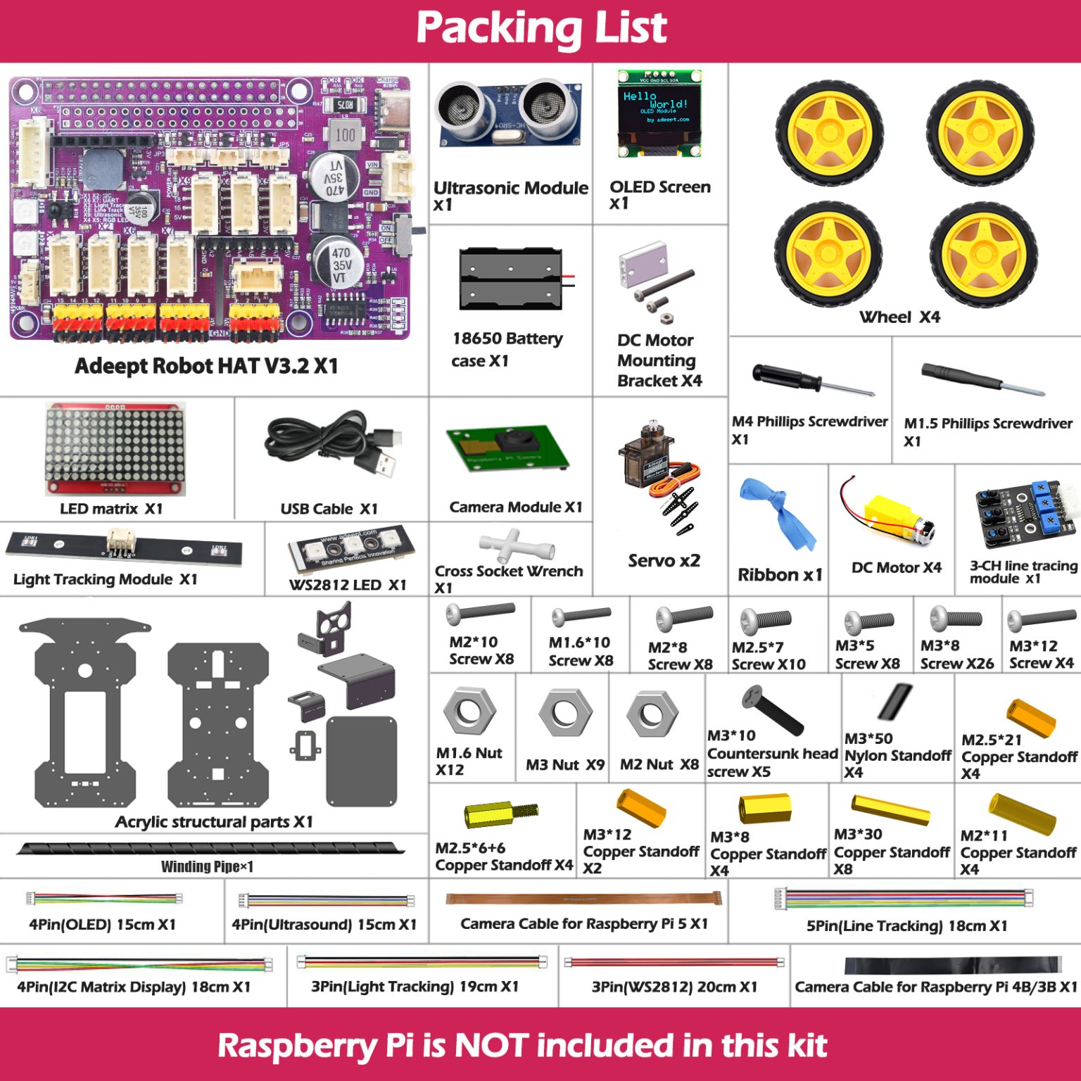Adeept 4WD Smart Car Kit for Raspberry Pi 5/4B/3B/3B+ (Board Not ...